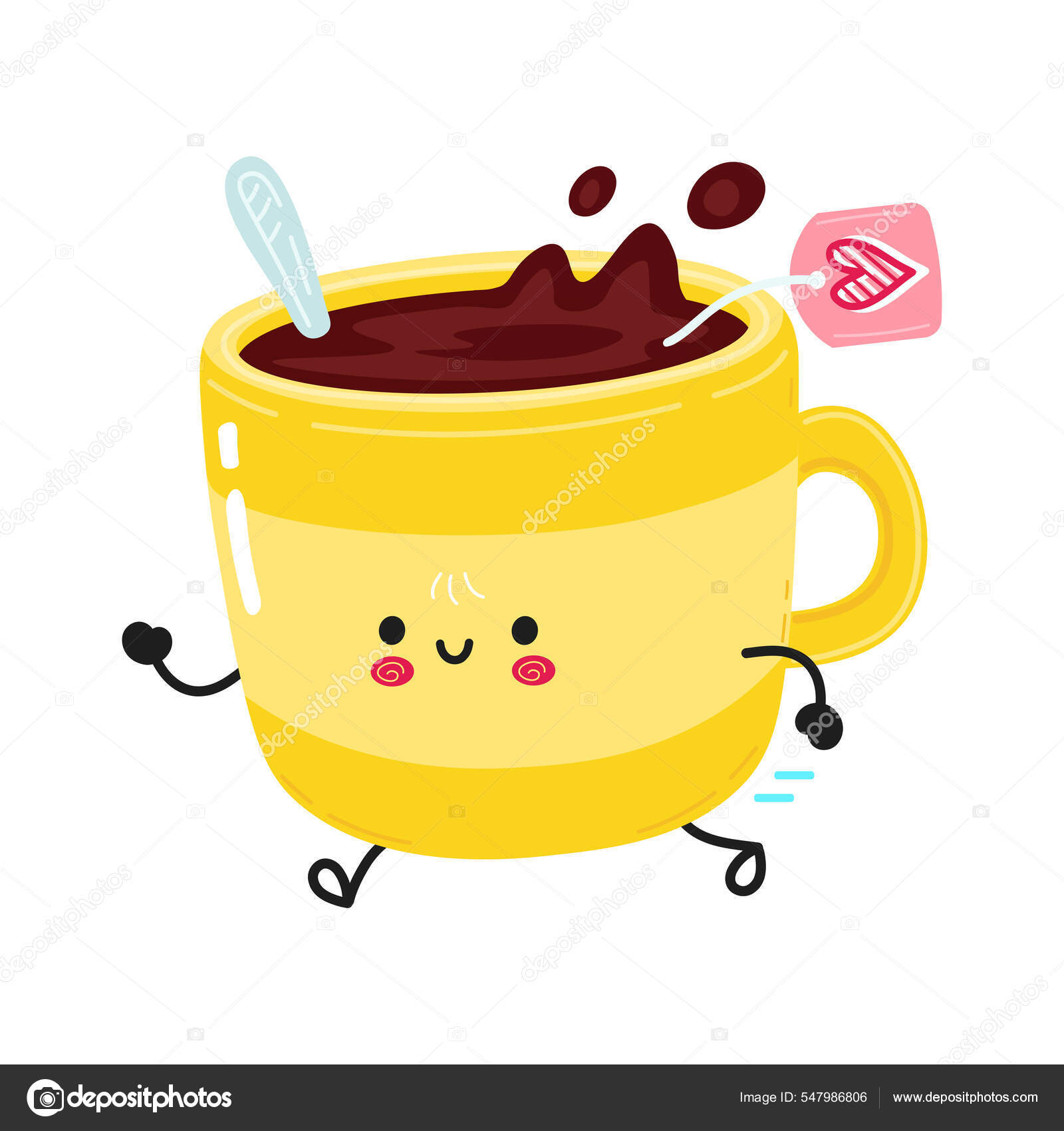 Cute Funny Running Yellow Cup Tea Vector Hand Drawn Cartoon Stock ...