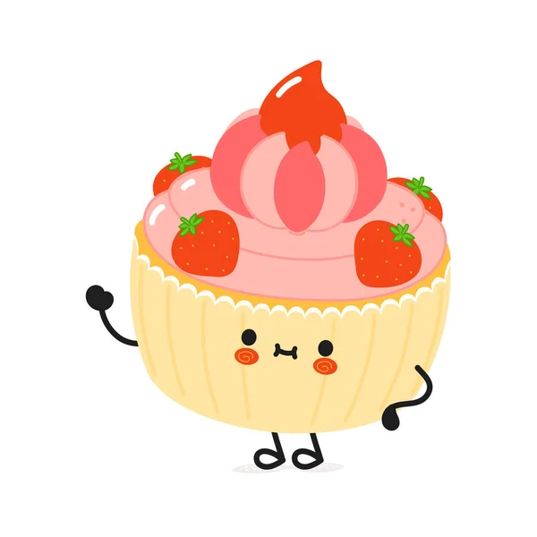 Cute funny cake waving hand character. Vector hand drawn cartoon kawaii ...