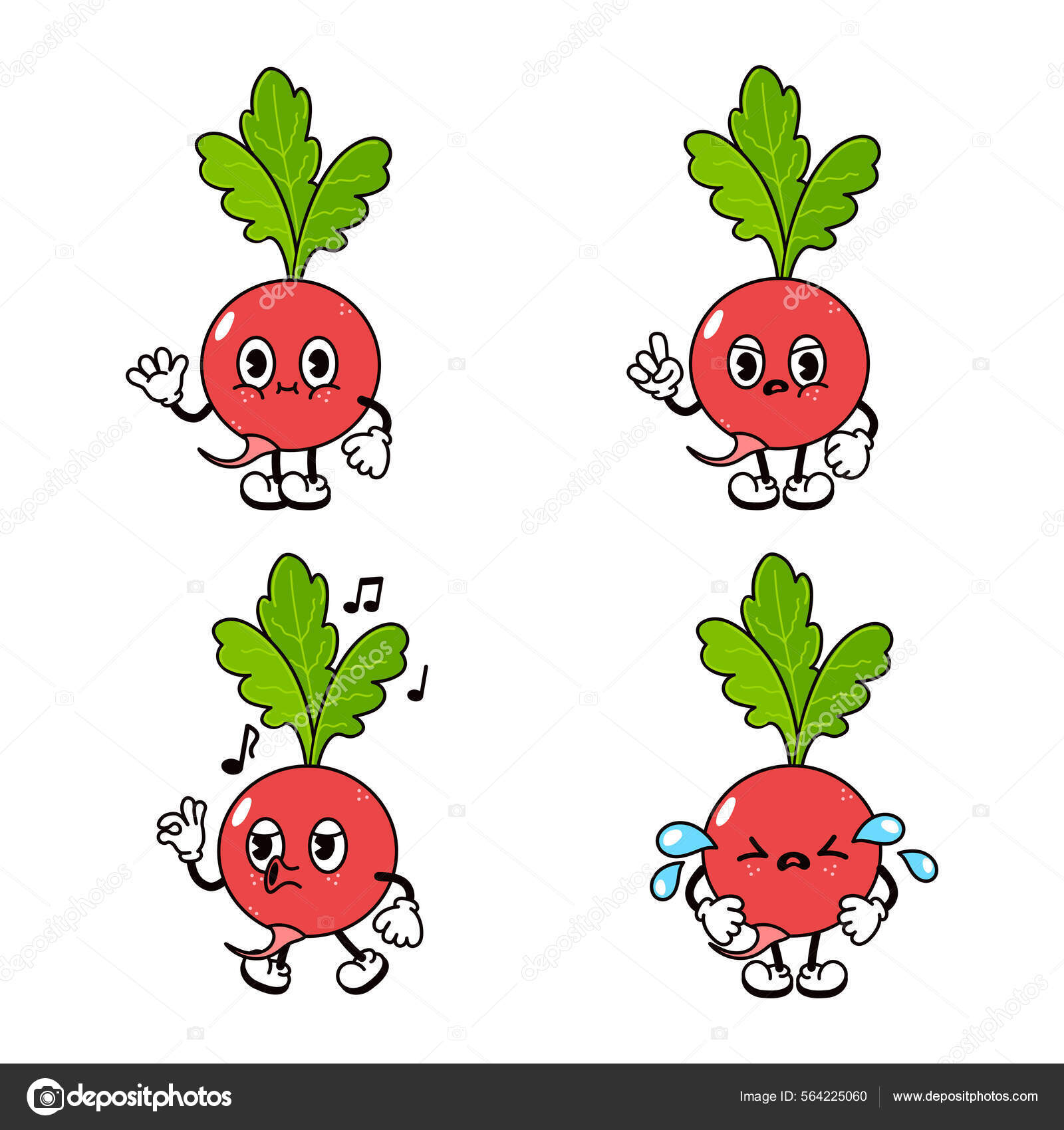 Funny Happy Radish Characters Bundle Set Vector Hand Drawn Doodle Stock ...