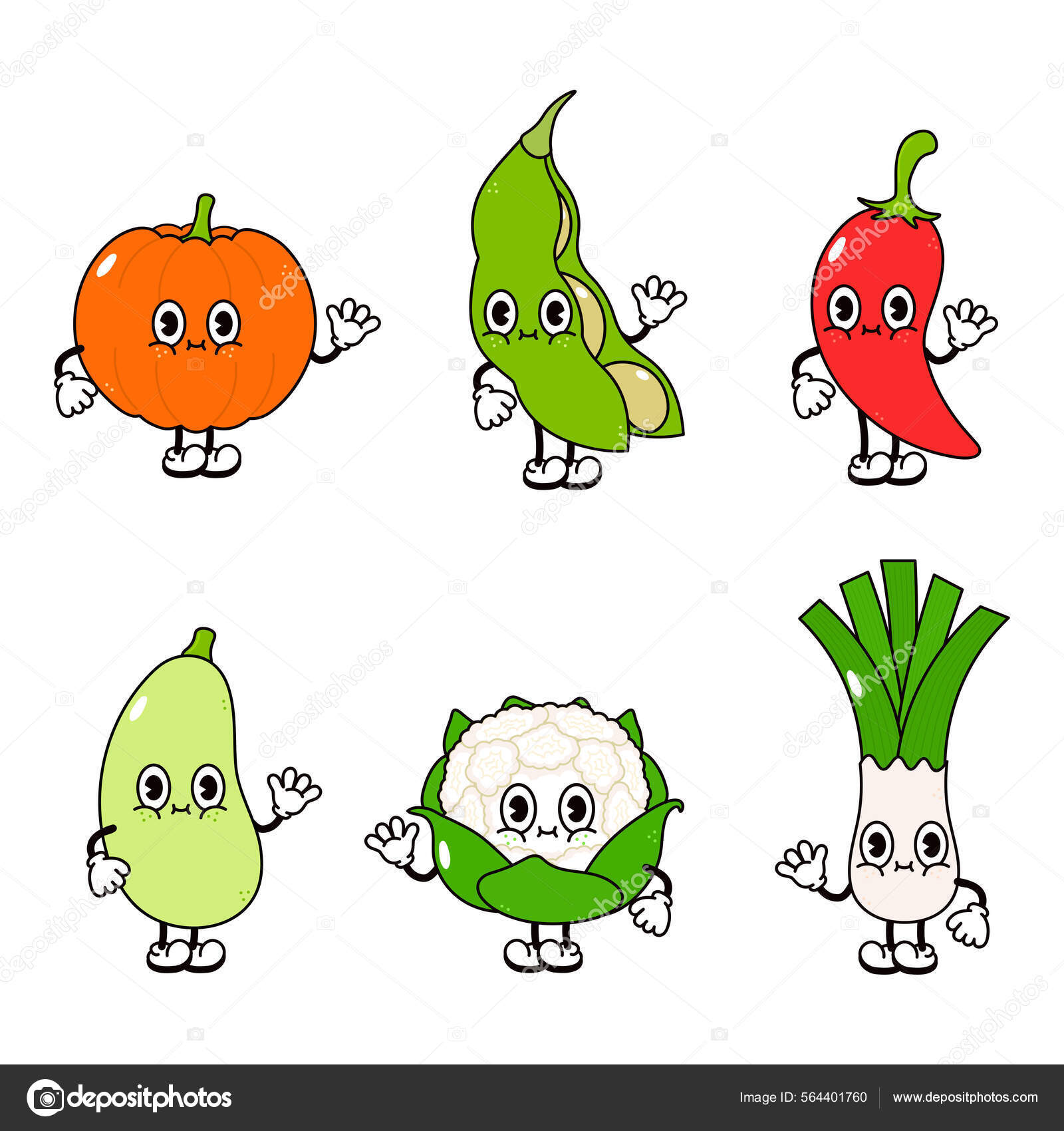 Funny Cute Happy Vegetables Characters Bundle Set Vector Hand Drawn ...