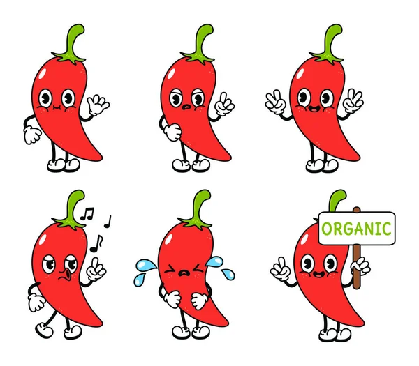 Funny cute happy chili pepper characters bundle set. Vector hand drawn ...