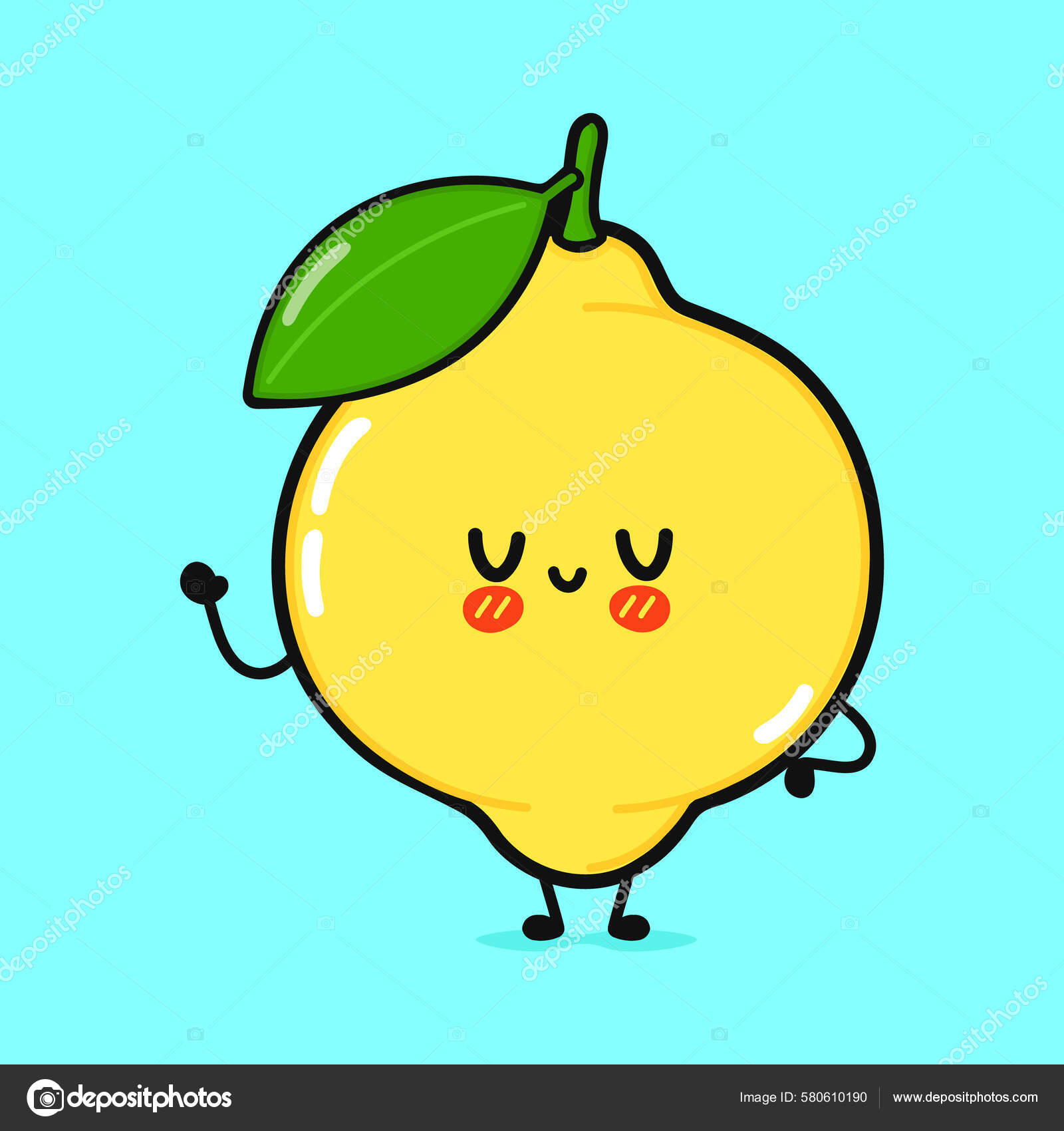 Cute Funny Lemon Waving Hand Vector Hand Drawn Cartoon Kawaii Stock ...