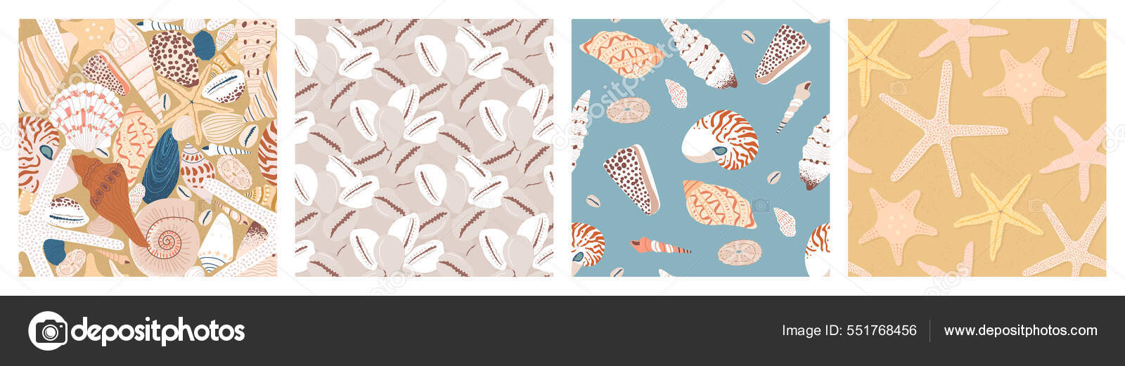 Vintage Tropical Beach Sea Shell Seamless Pattern Collection Summer ...