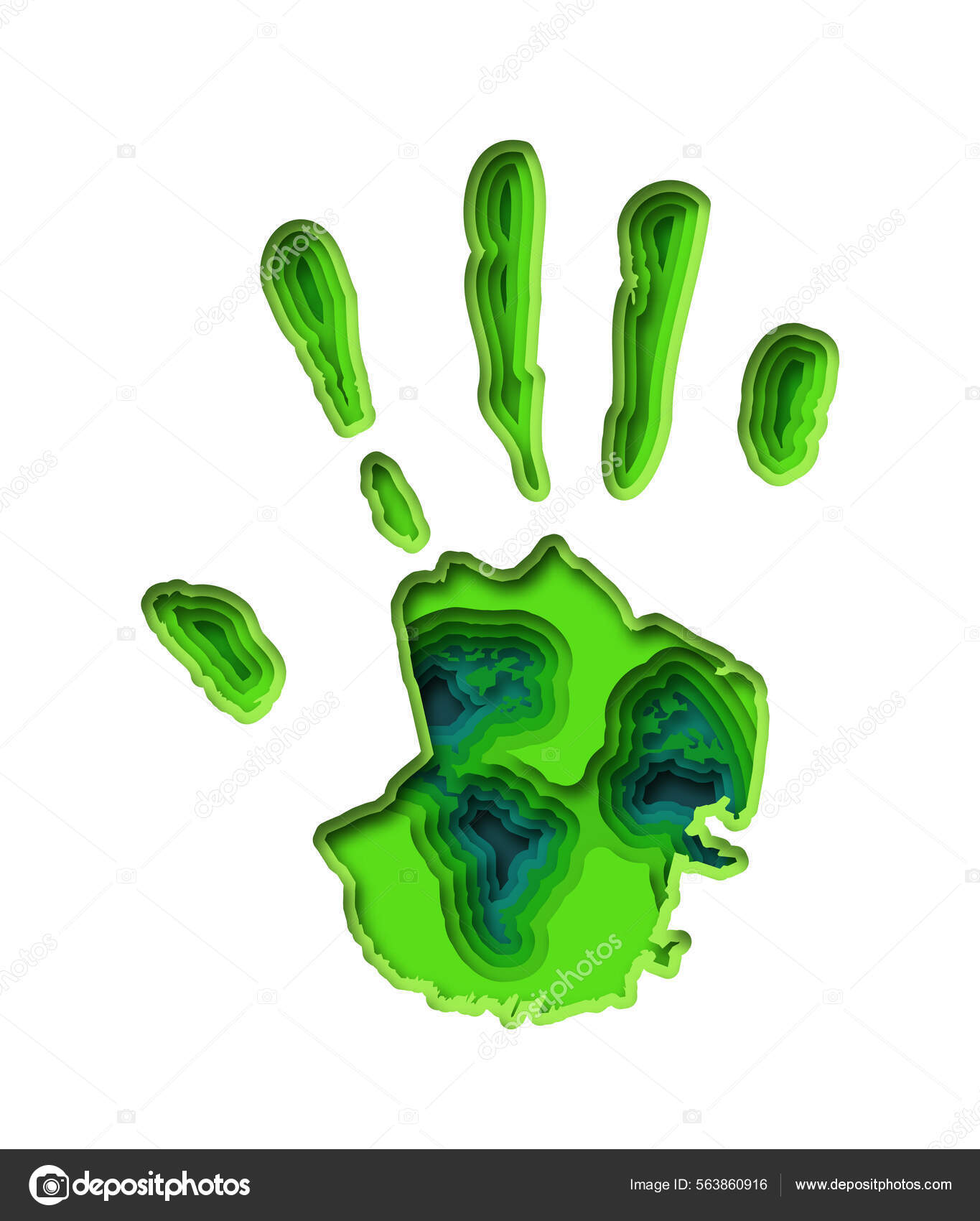 Green Paper Cut Human Hand Print Illustration Earth World Map Stock ...