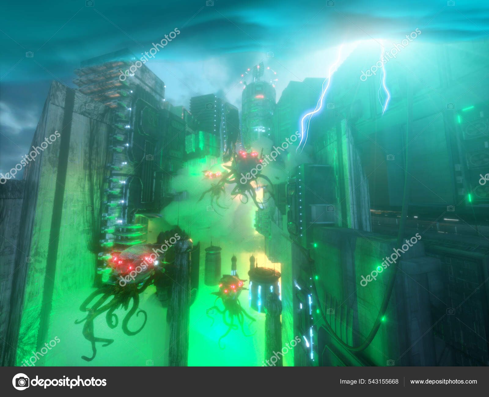 Matrix Style World City Science Fiction Metropolis Background Render ...