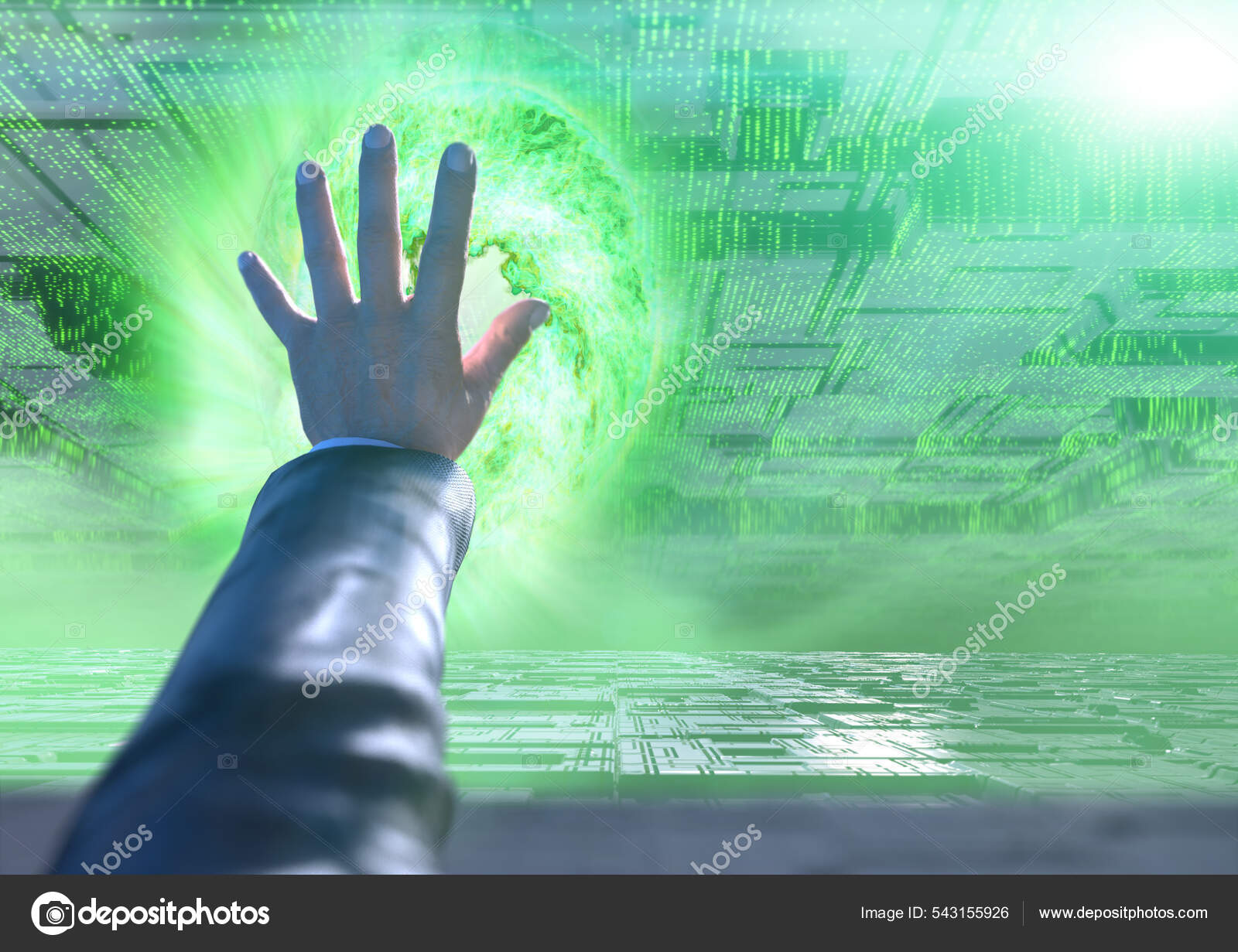 Virtual World Hand Man Matrix Style World Render Stock Photo by ...