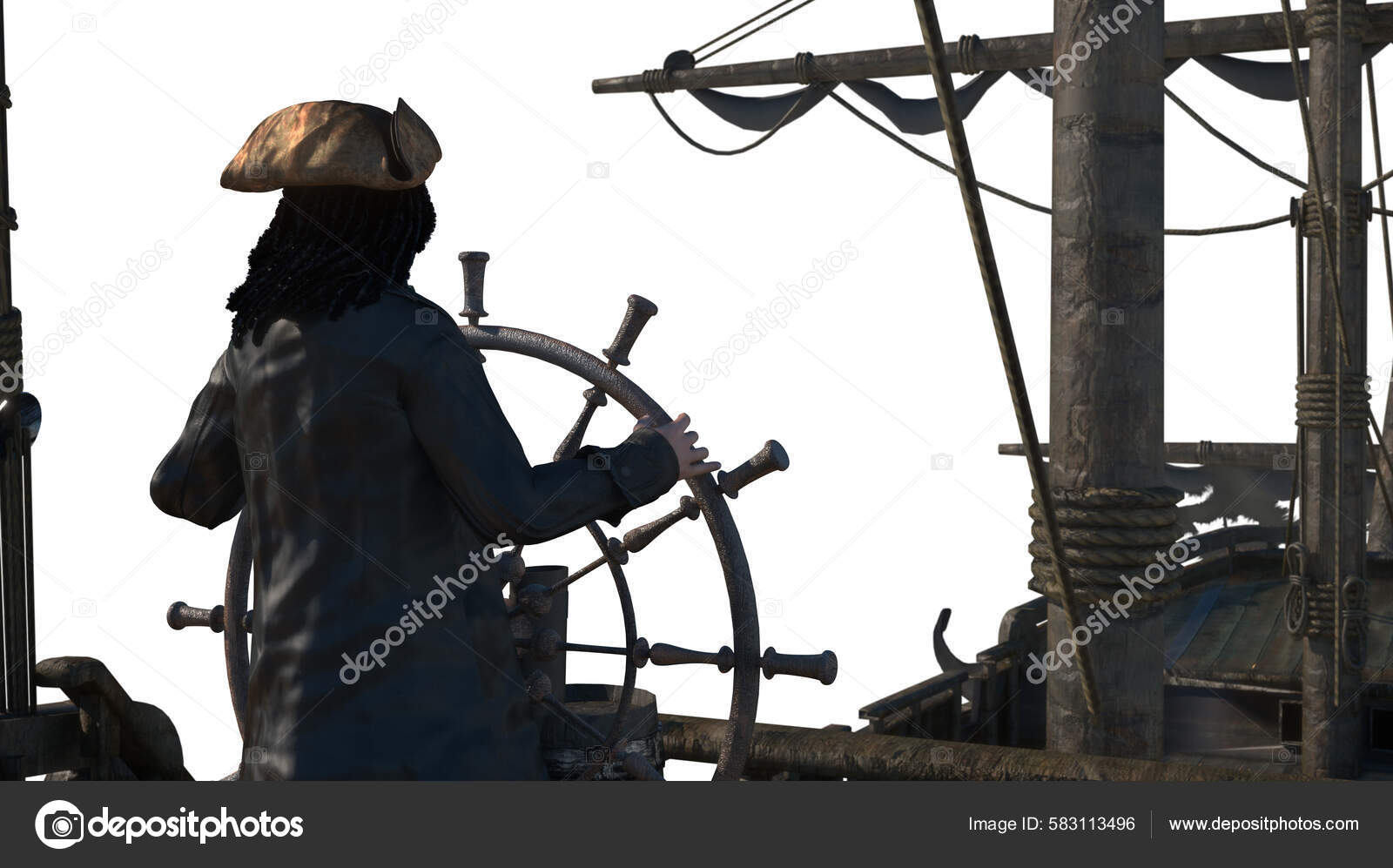 Pirate Captain Discoverer Holds Ship's Steering Wheel Sails Sea Sailing ...
