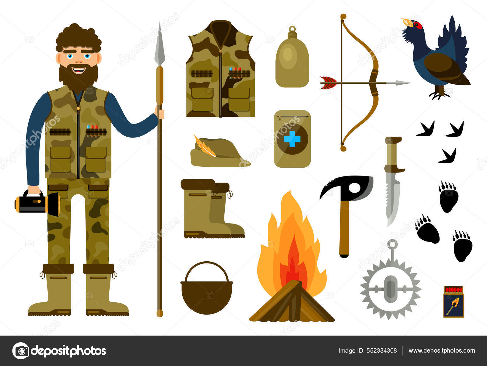 Hunting equipment rest hunter camouflage flat set Stock Vector Image by ...