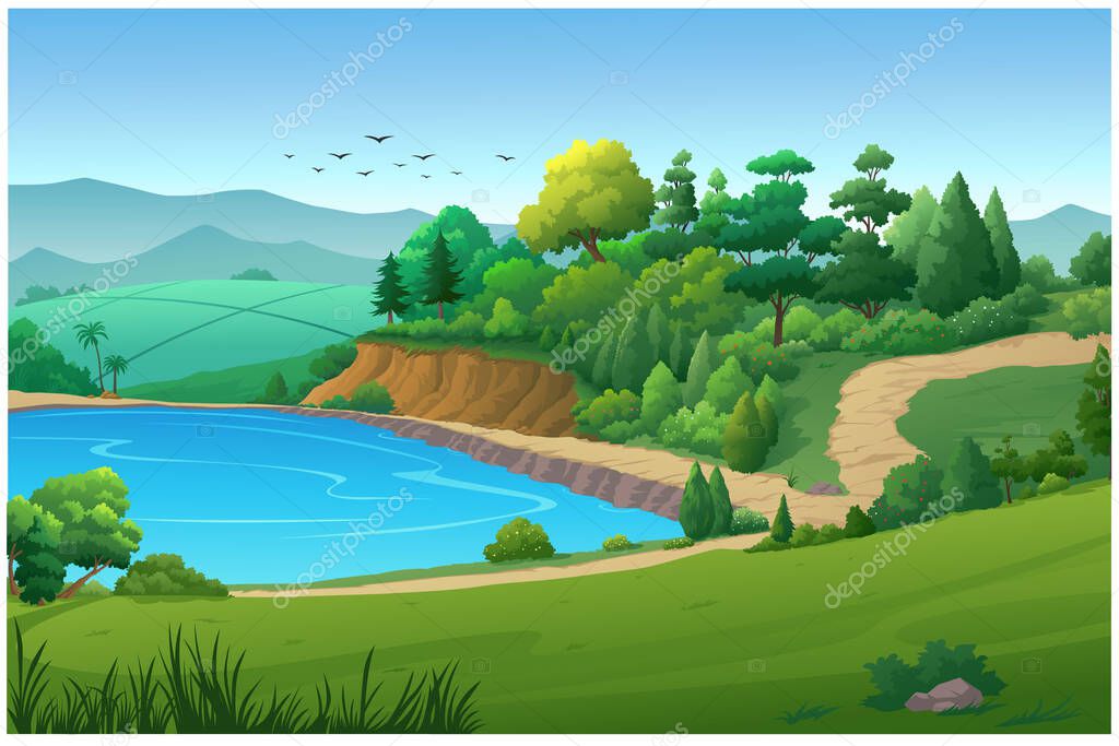 En el sendero de la naturaleza, hay árboles, montañas y cuerpos de agua ...