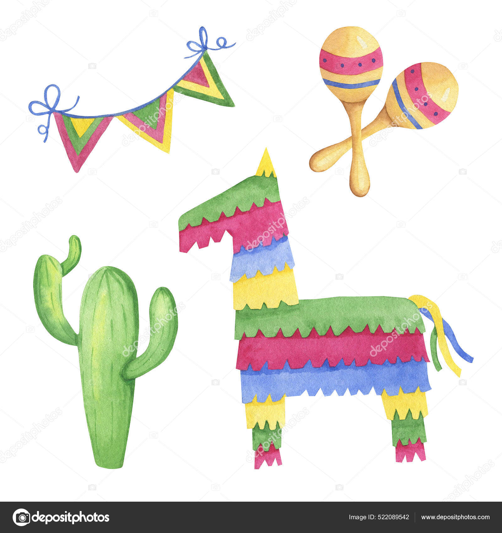 Watercolor Mexican Symbols Pinata Maracas Flags Cacti Hand Drawn ...