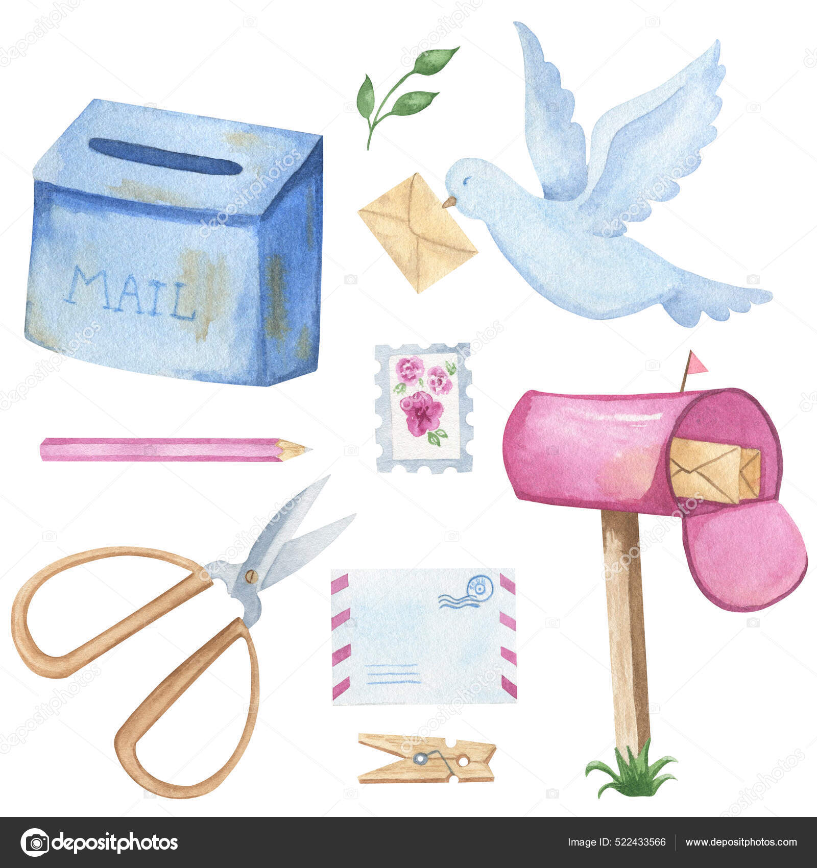Watercolor hand-drawn mail symbols: mailboxes, stamp, scissors, pencil ...