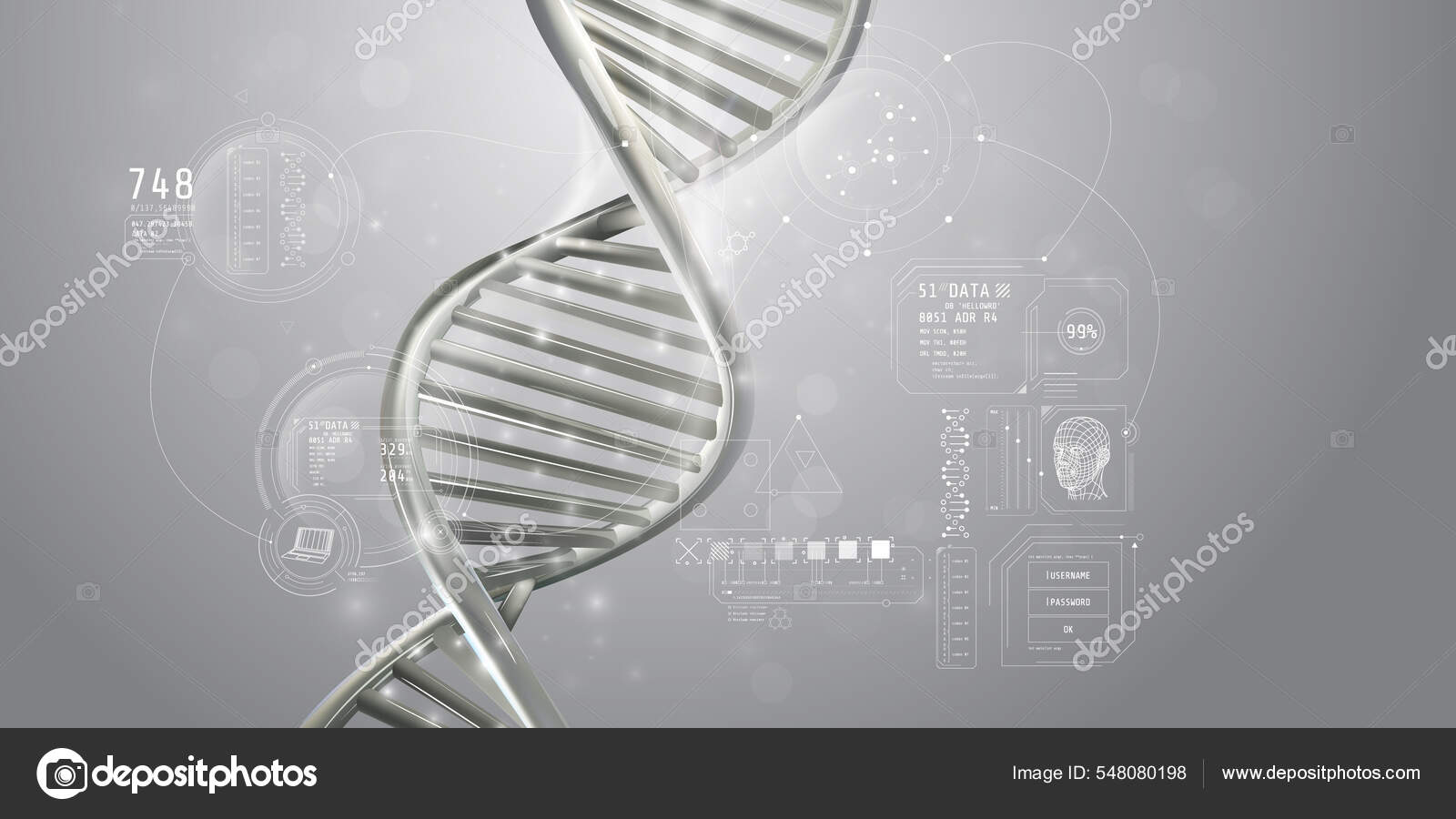 DNA spiral and genetic data infographics in light gray colors. Stock ...