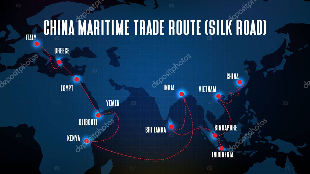 abstract blue background of china maritime trade route (silk road) with ...