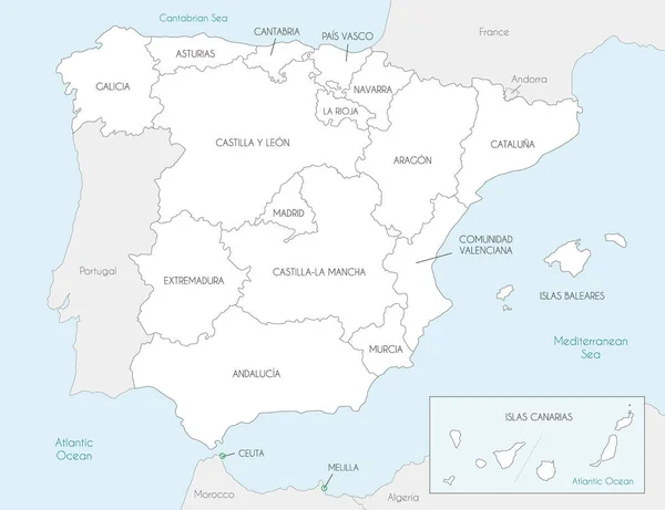 Mapa vectorial de España con regiones y territorios y divisiones ...