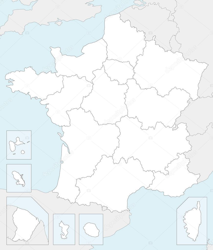 Mapa en blanco vectorial de Francia con regiones y territorios y ...