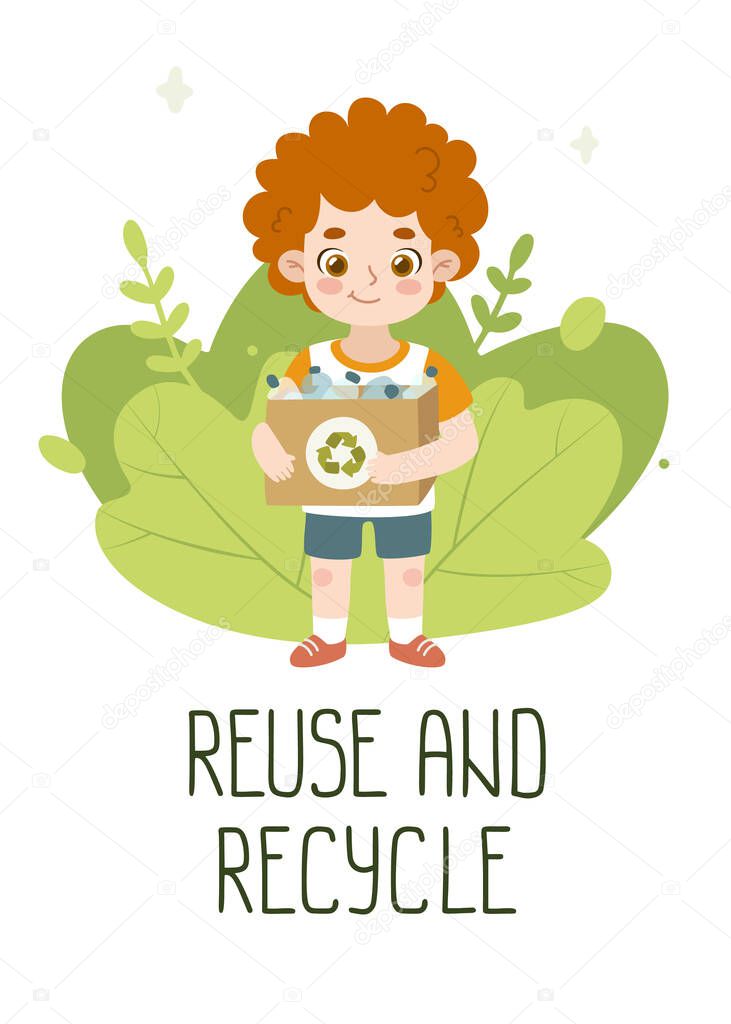 Niño amigable con una caja de botellas de plástico para reciclar. Feliz ...