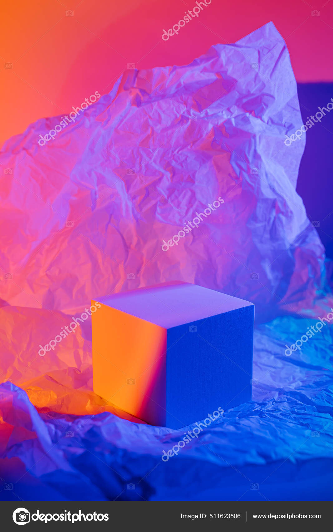 Cube Podium Crumpled Paper Neon Light Stylish Geometric Shapes Show ...