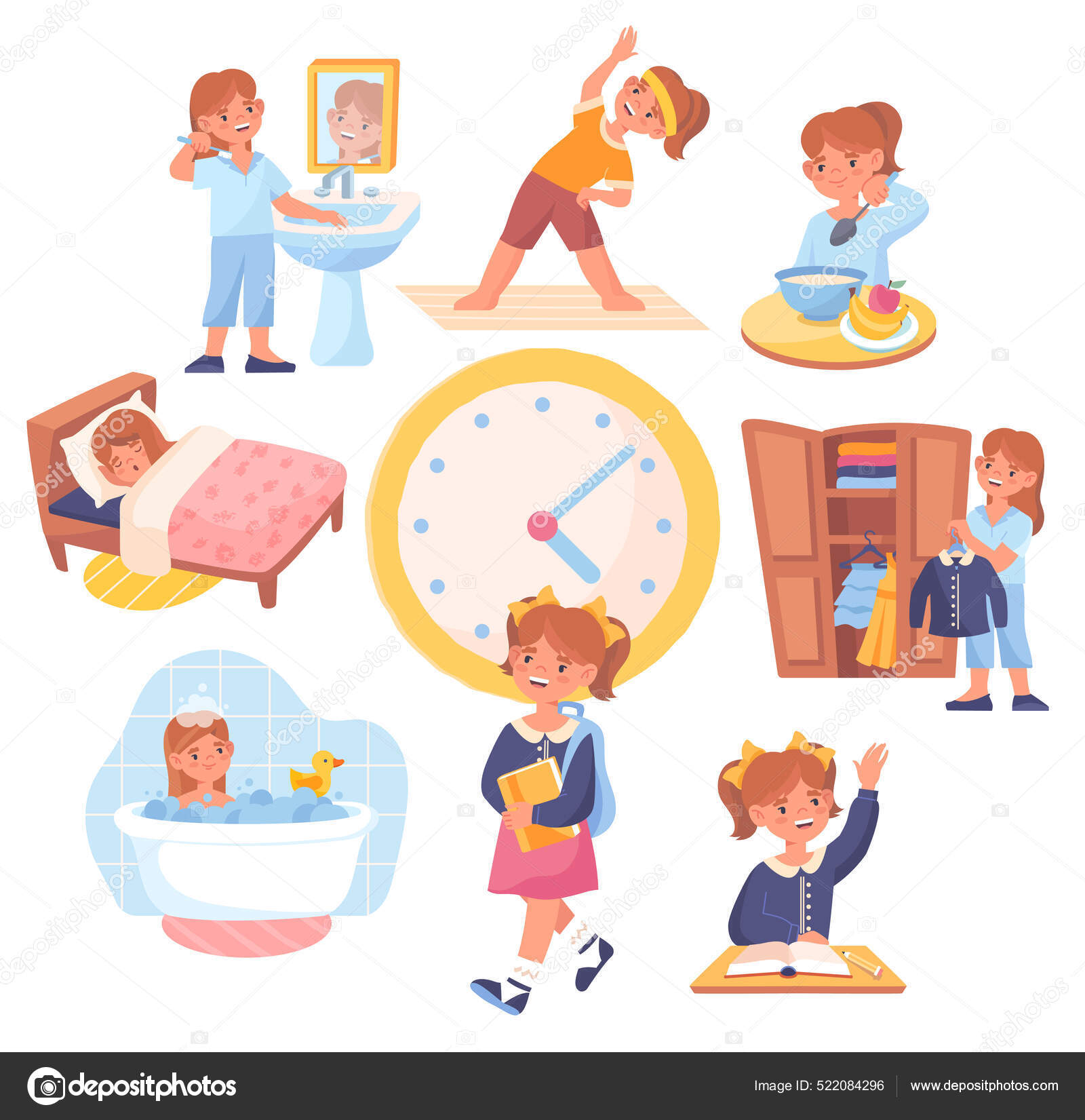 Set de rutina diaria con una chica prity Vector de stock #522084296 de ©mymentalhealth