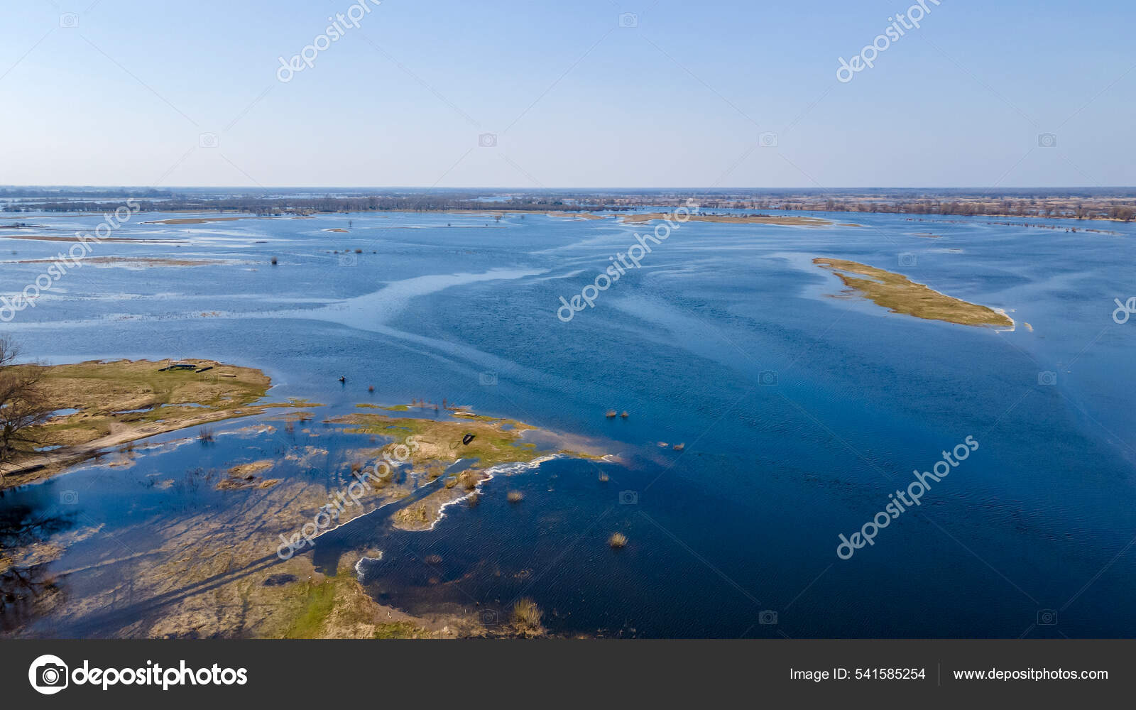 Aerial View River Flood Beautiful Flooded Meadow Flying Beautiful ...