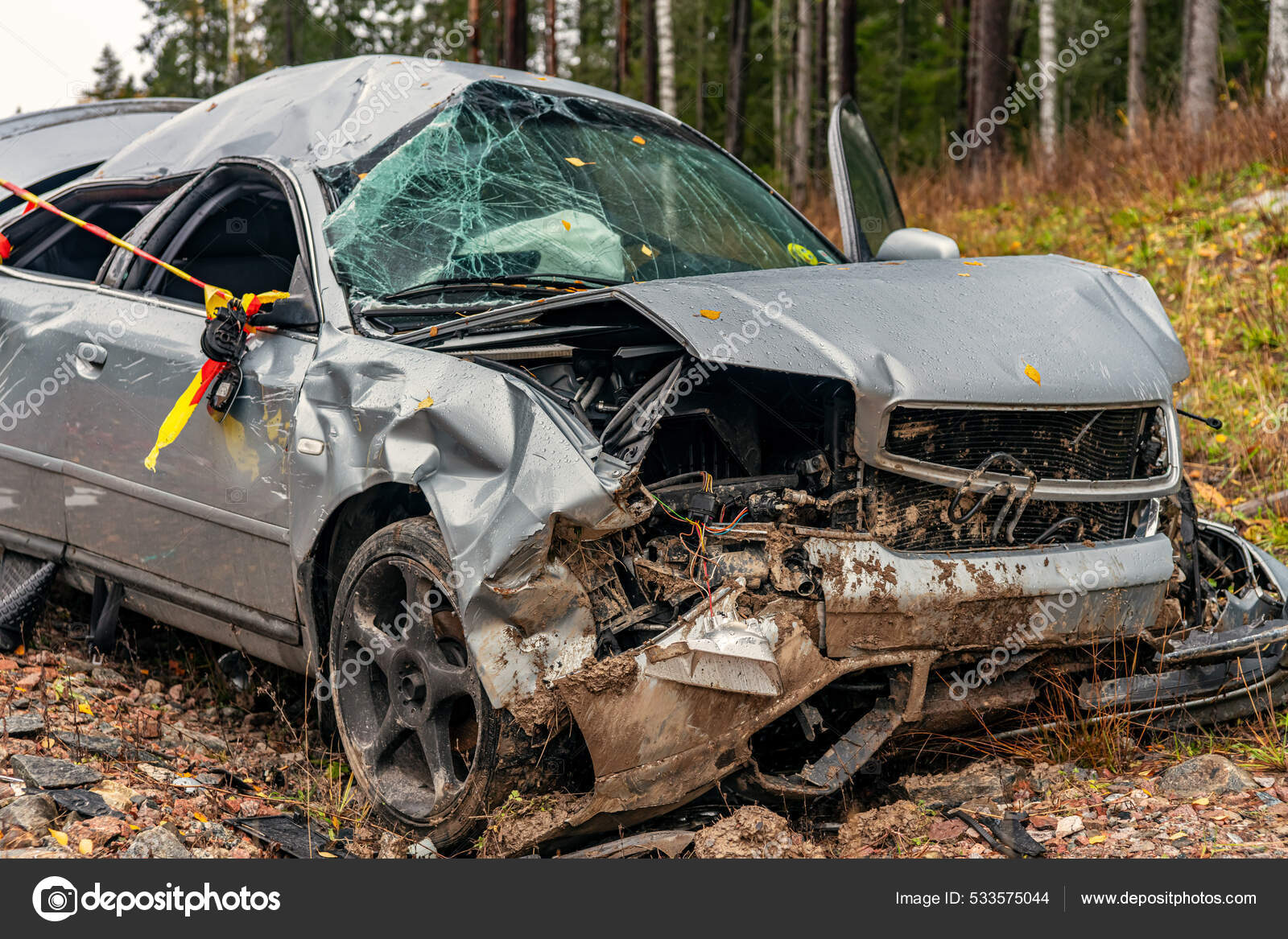 Silver Colored Car Wreck Standing Ditch Road Totaly Wrecked Roof ...