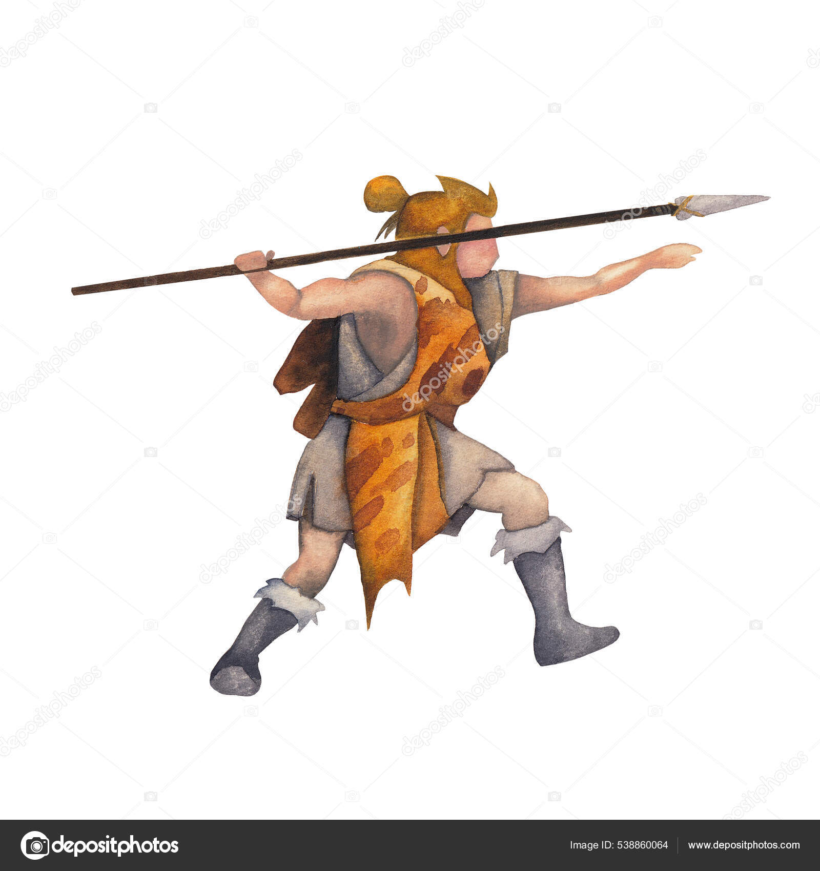 Watercolor primordial human fighting or hunting with a spear Stock ...