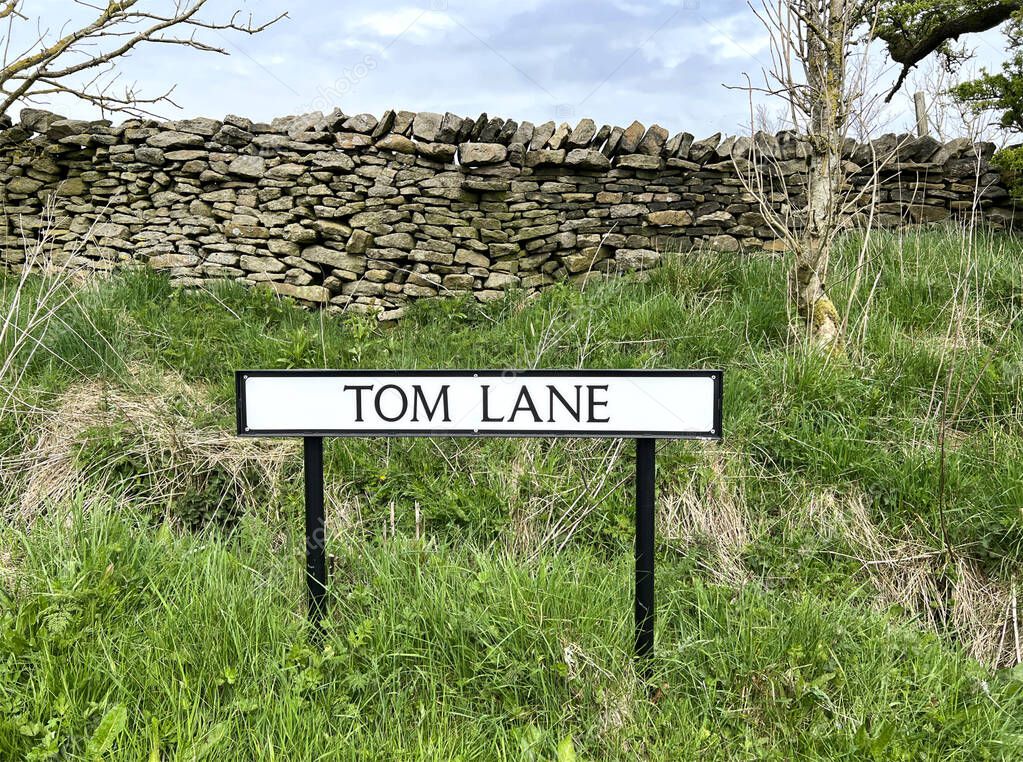 Signpost for, Tom Lane, with rough grass, and a dry stone wall, high on ...