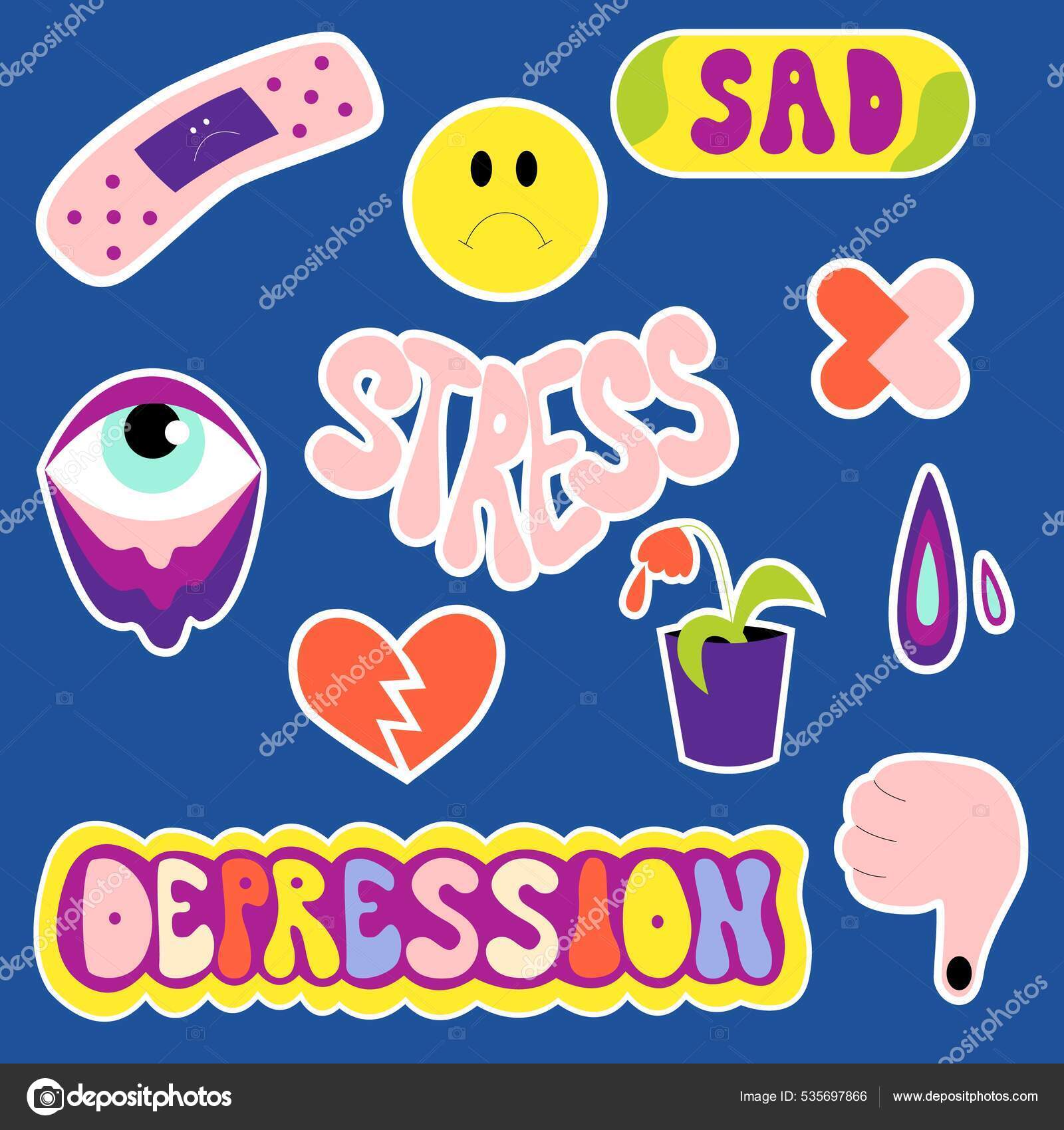 Set stickers of the 70s aesthetic. Sad stickers, the words depression ...