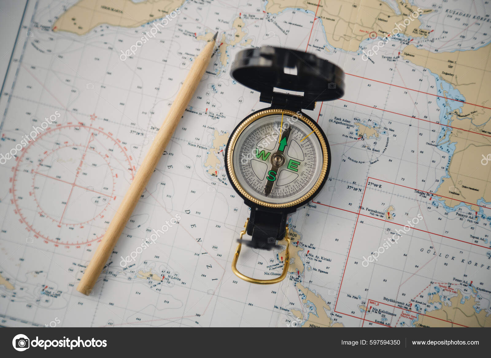 Magnetic Compass Pencil Lying Map Rope Top View Stock Photo by ...