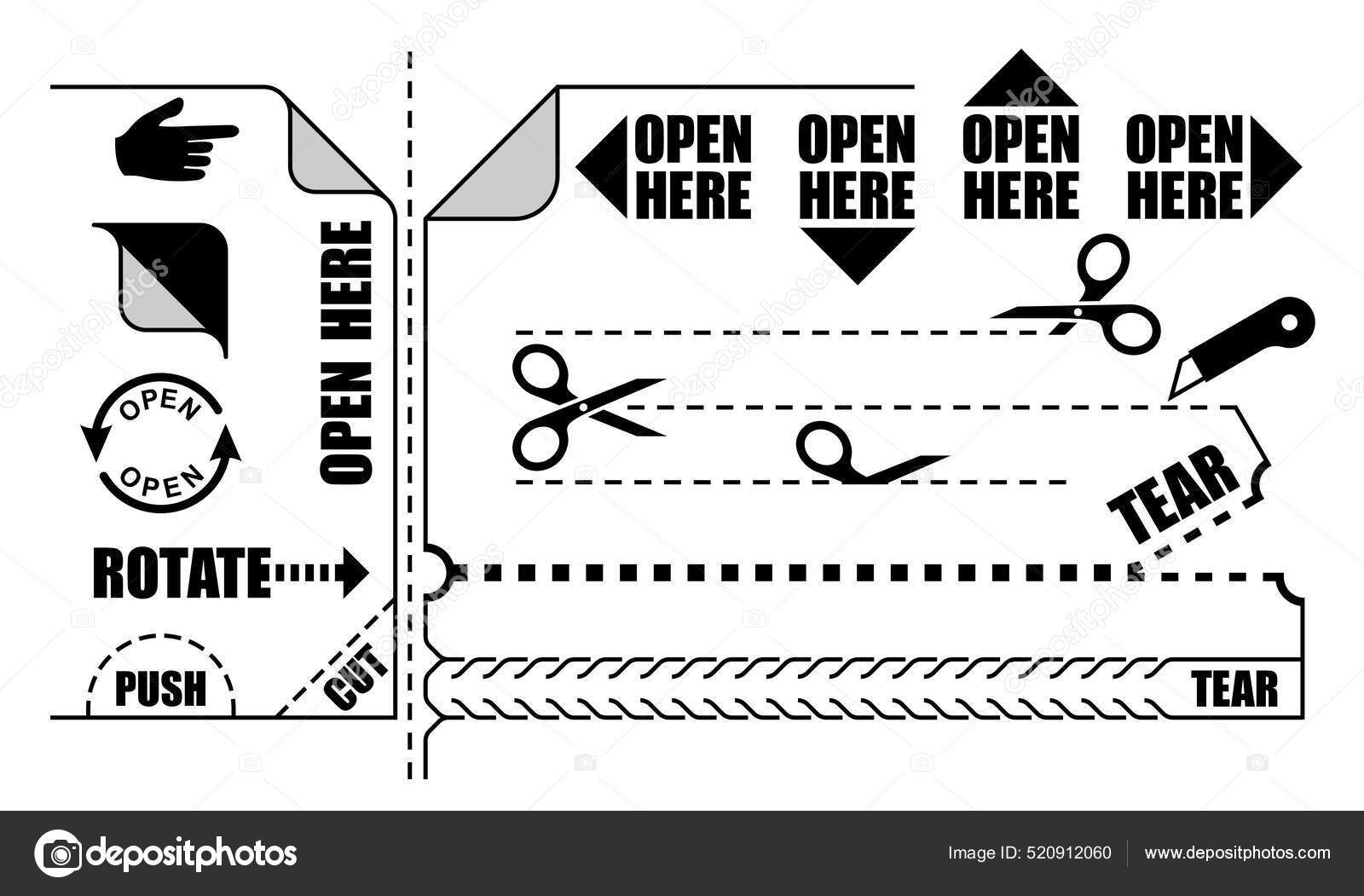 Vector Set Open Here Label Tear Stripe Push Sign Cut Stock Vector by ...