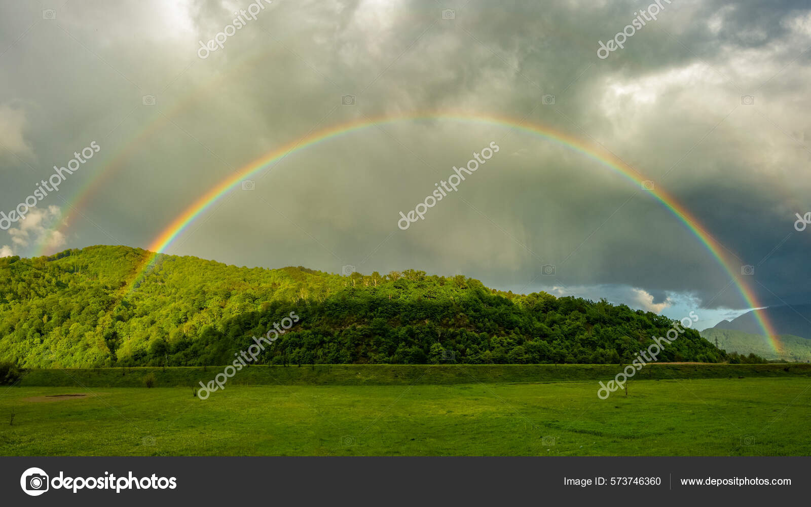 Arched Colorful Rainbow Appearing Rural Area Rainy Day Forest Lit ...