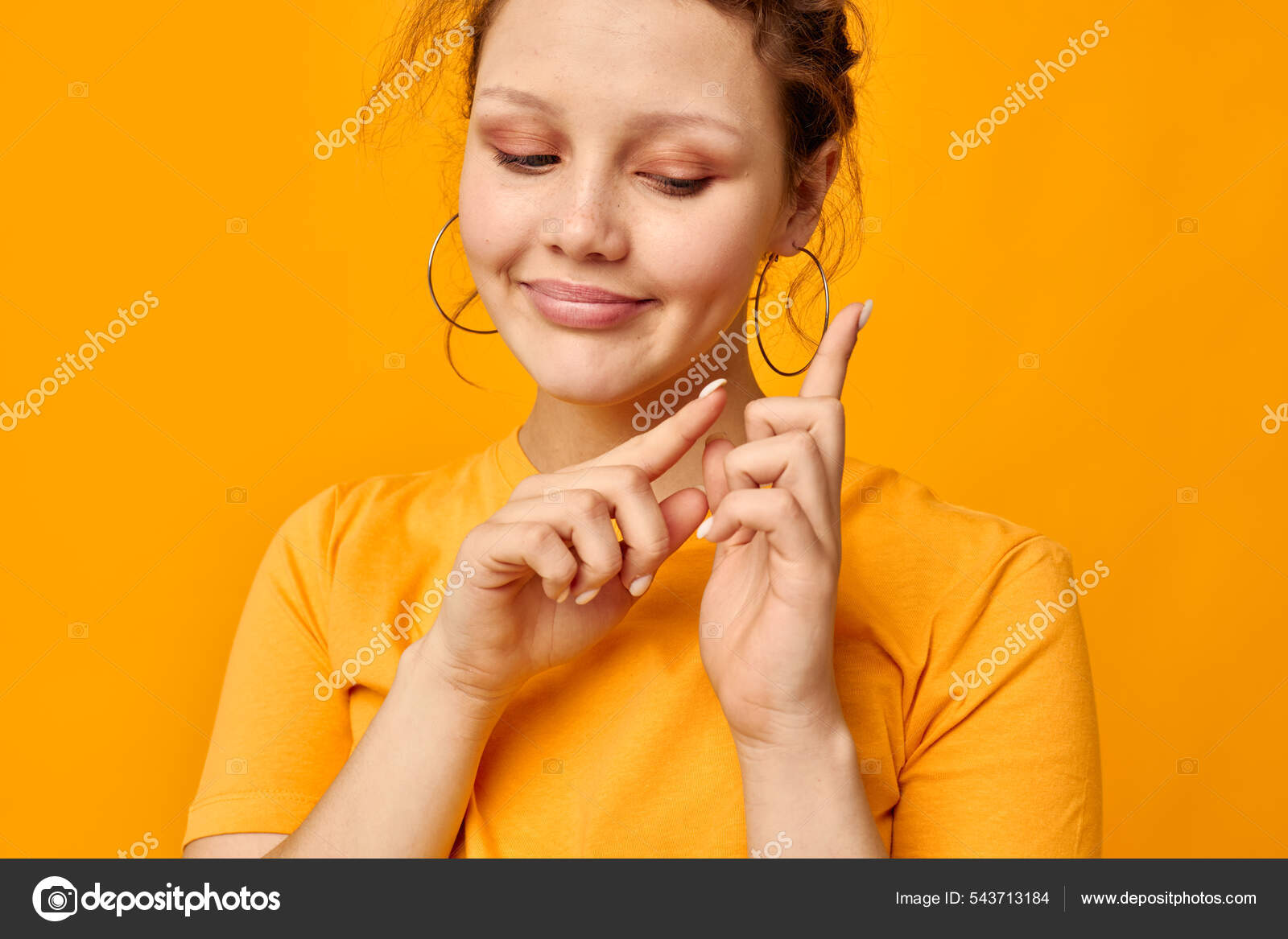 Pretty woman gestures with hands grimace emotions isolated backgrounds ...