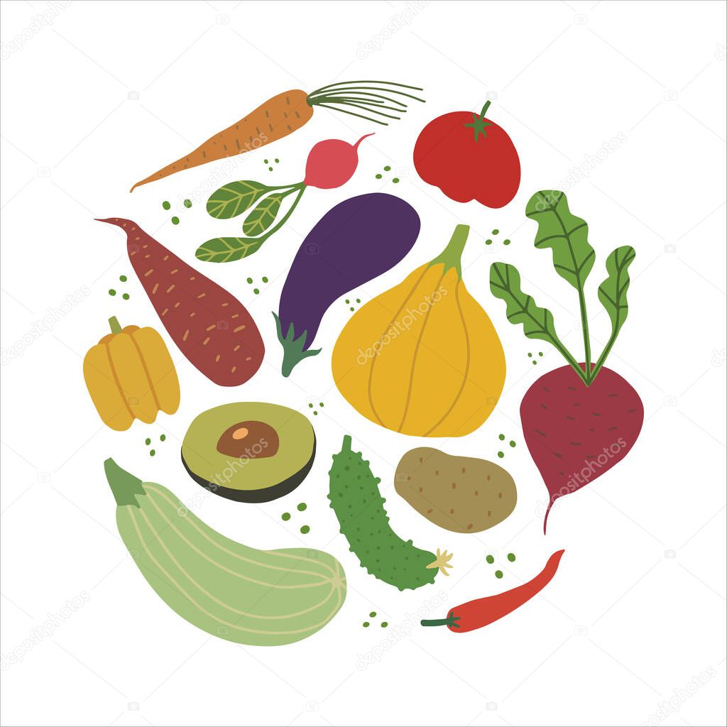 Colección en forma de círculo de hortalizas de granja dibujadas a mano Vector de stock por ...