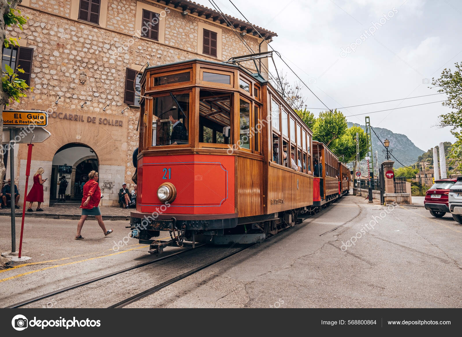 Mallorca Spain April 2022 Orange Tram Moving Railroad Tracks Buildings ...