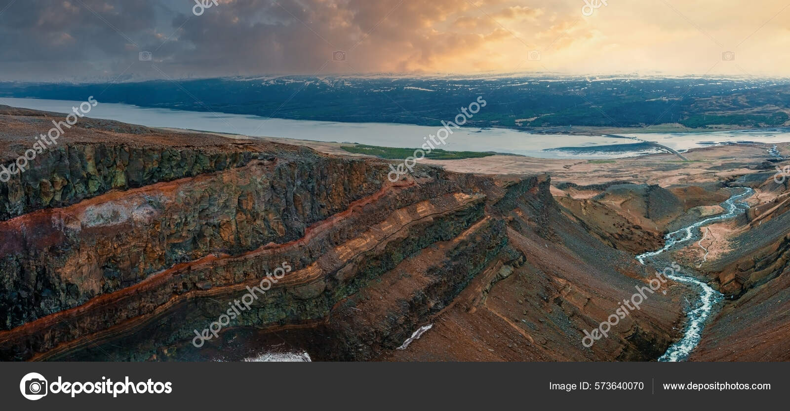 Aerial View Hengifoss Waterfall Red Stripes Sediments Old Soil Volcanic ...