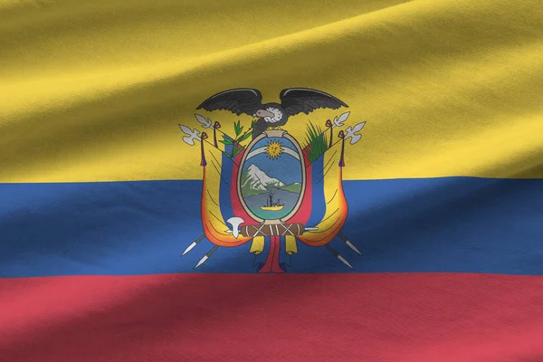 Ecuador flag with big folds waving close up under the studio light ...