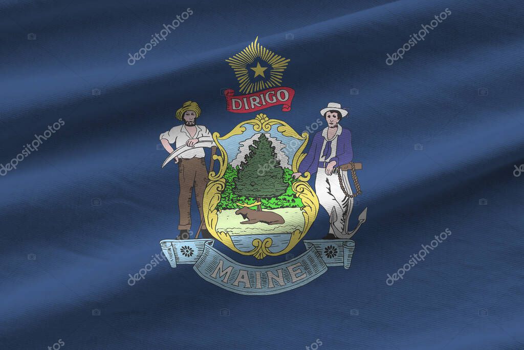 Bandera del estado de Maine con grandes pliegues ondeando de cerca bajo ...