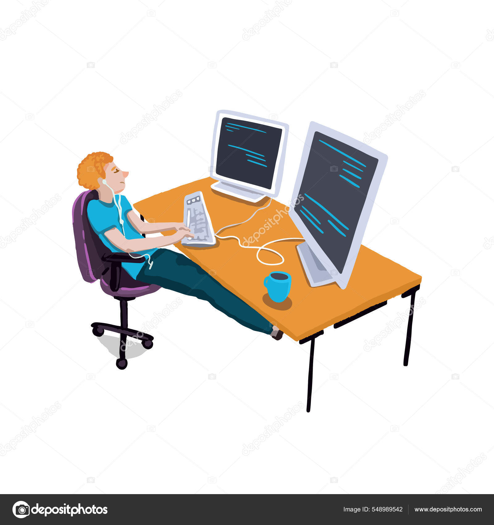 A young programmer at a desk writes code on two monitors Stock Vector ...