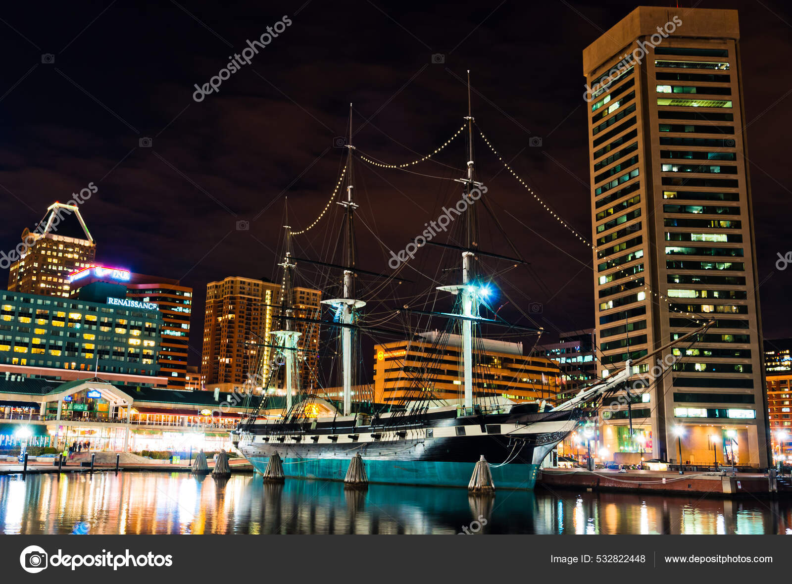 Photo Uss Constellation Night Inner Harbor Baltimore Maryland Usa Stock ...