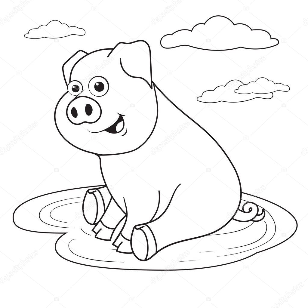 Dibujo para colorear de cerdo de dibujos animados en charco. Página ...