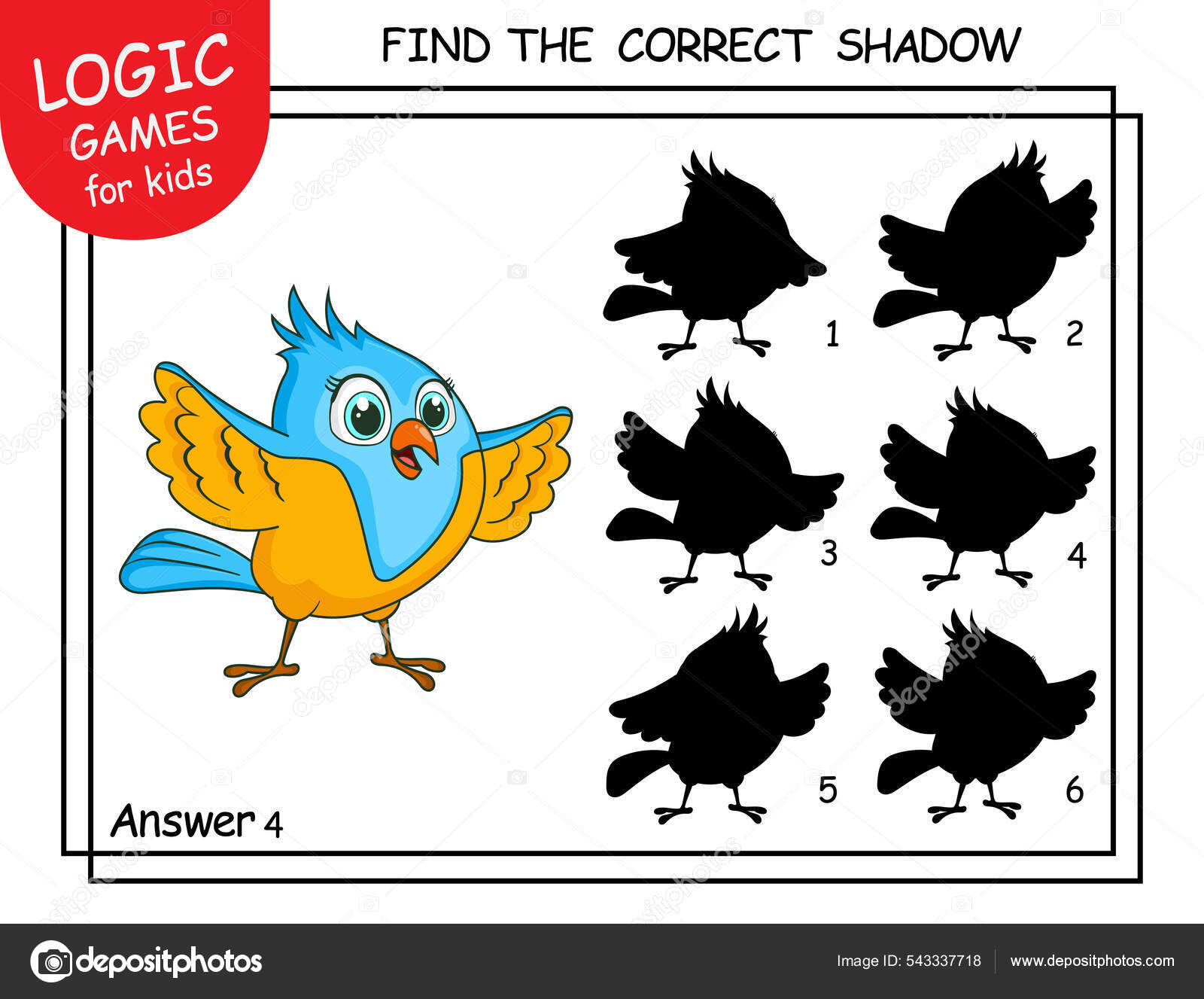 Find Correct Shadow Bird Cute Cartoon Parrot Educational Matching Game ...