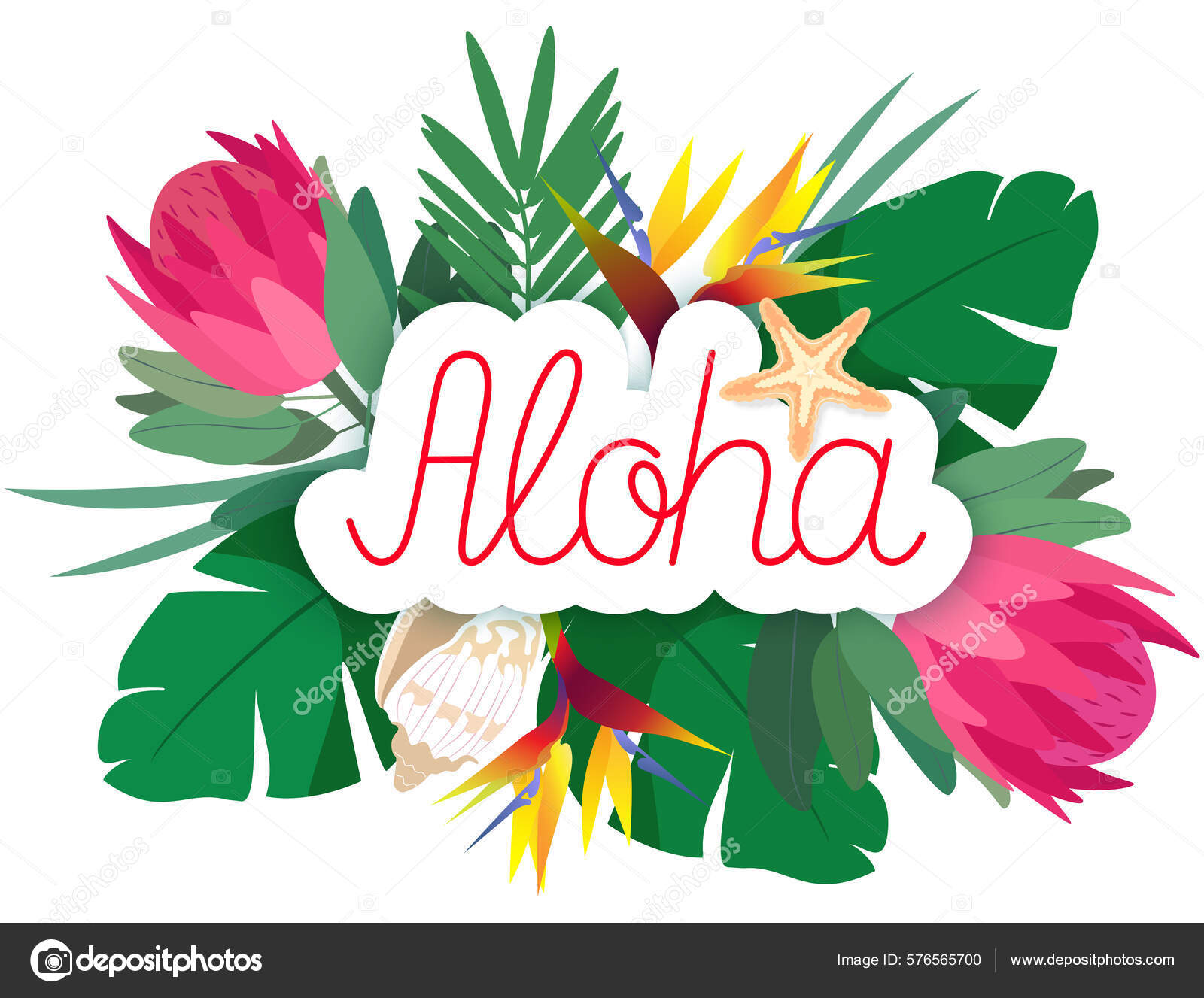 Aloha Phrase Palm Leaves Tropical Flowers Background Stock Illustration ...