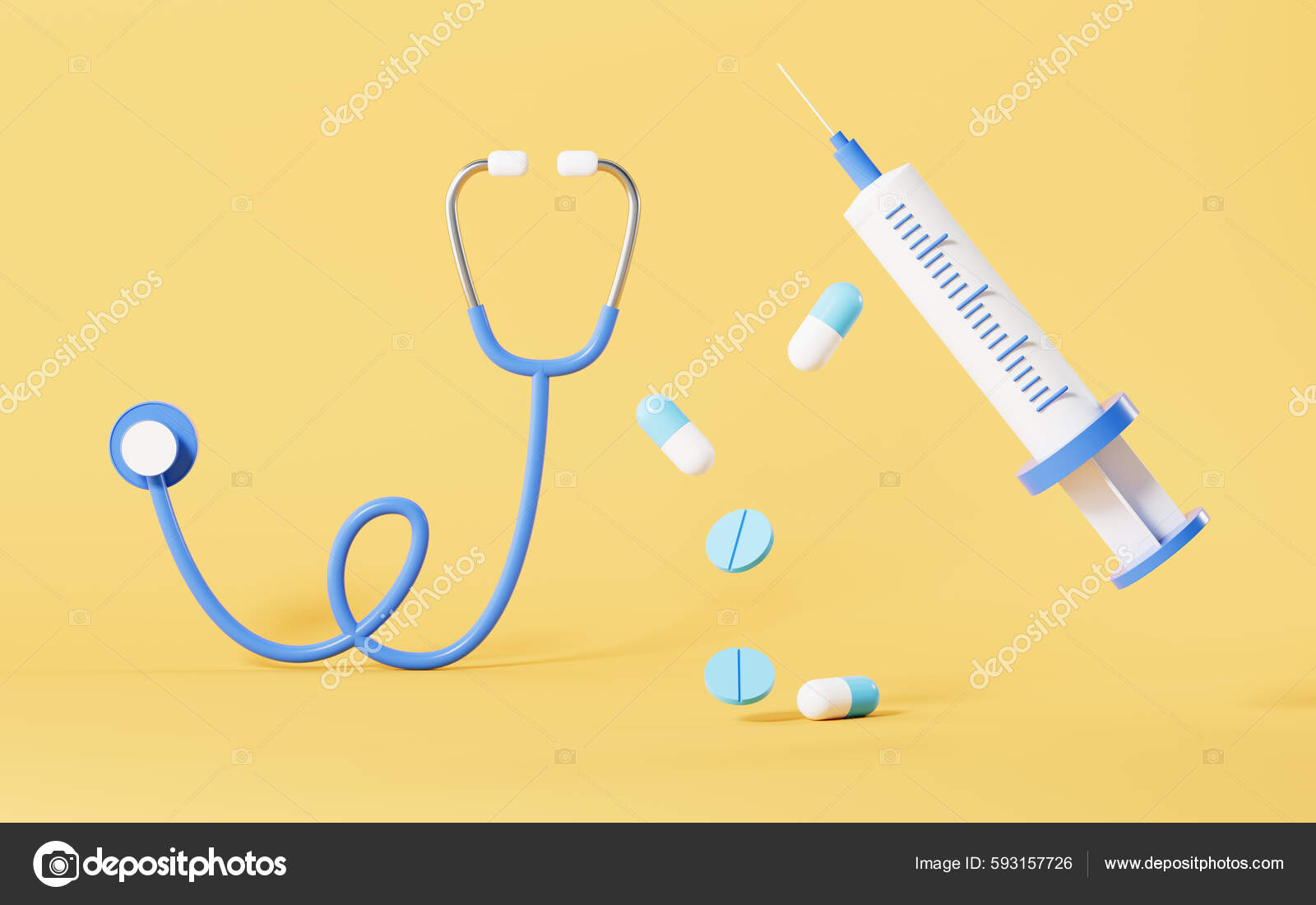 Stethoscope Injection Syringe Yellow Background Rendering Computer ...