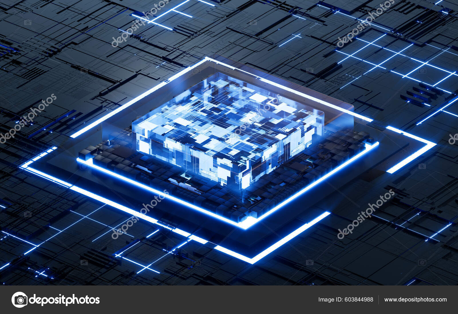 Glowing Microchip Processor Black Circuit Board Rendering Computer ...