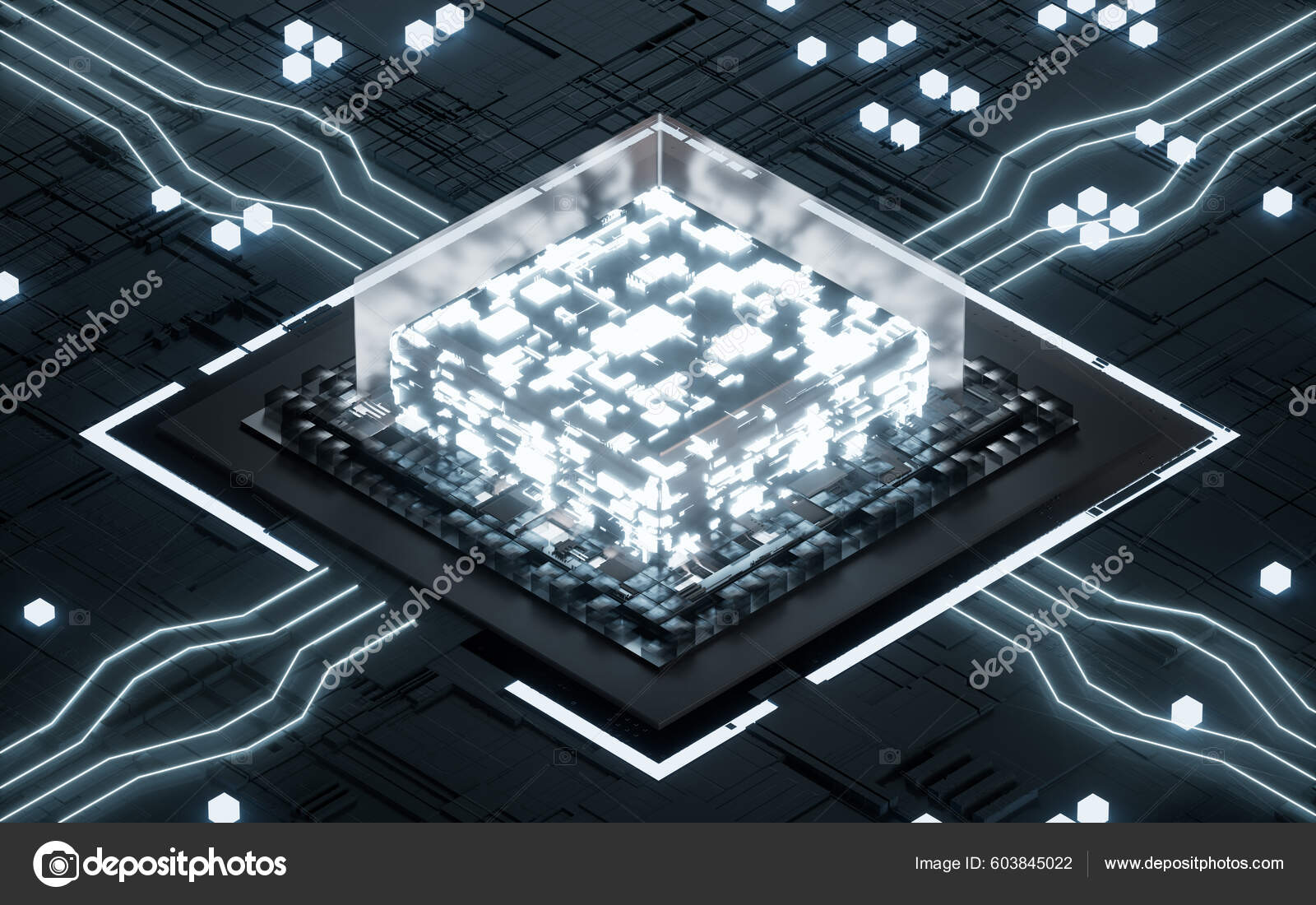 Glowing Microchip Processor Black Circuit Board Rendering Computer ...