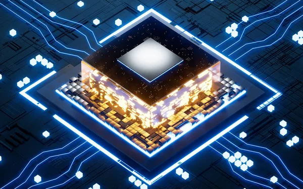 Glowing Microchip Processor Black Circuit Board Rendering Computer Digital Drawing Stock Photo ...