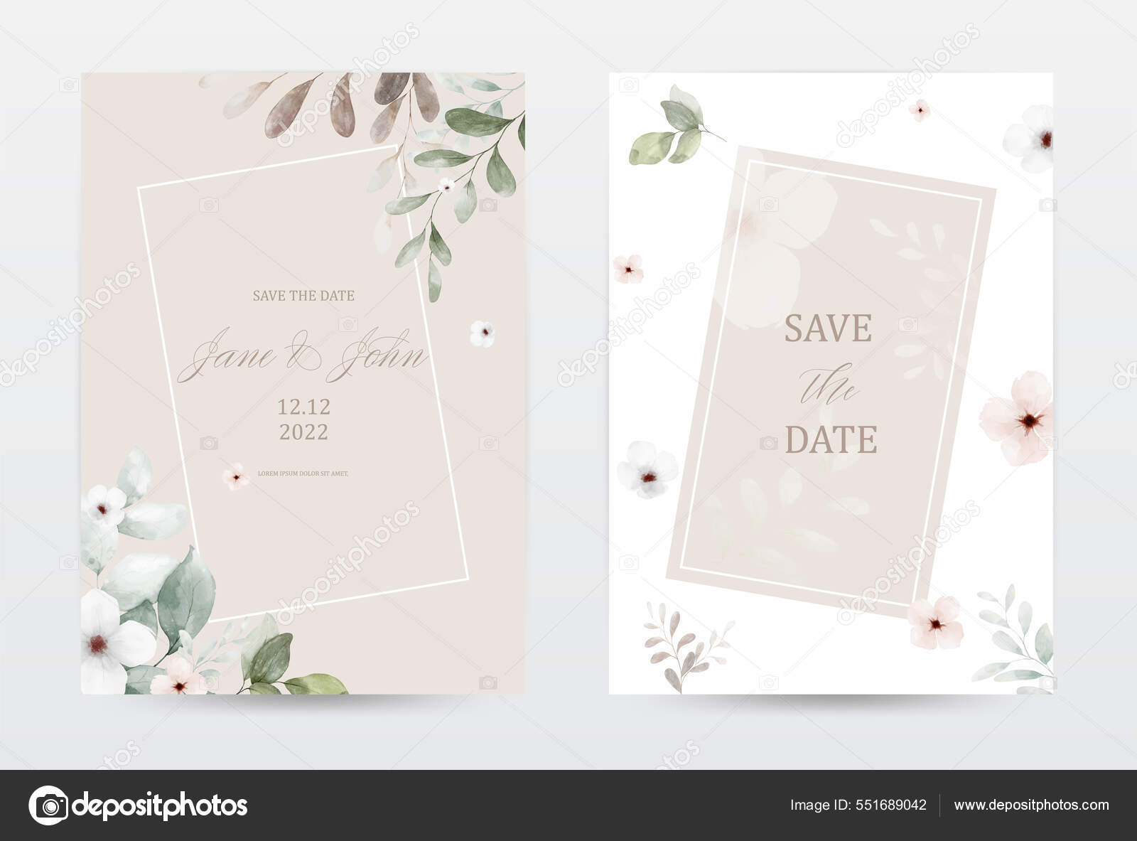 Set Beige Invitation Template Cards Watercolor Flowers Leaves ...