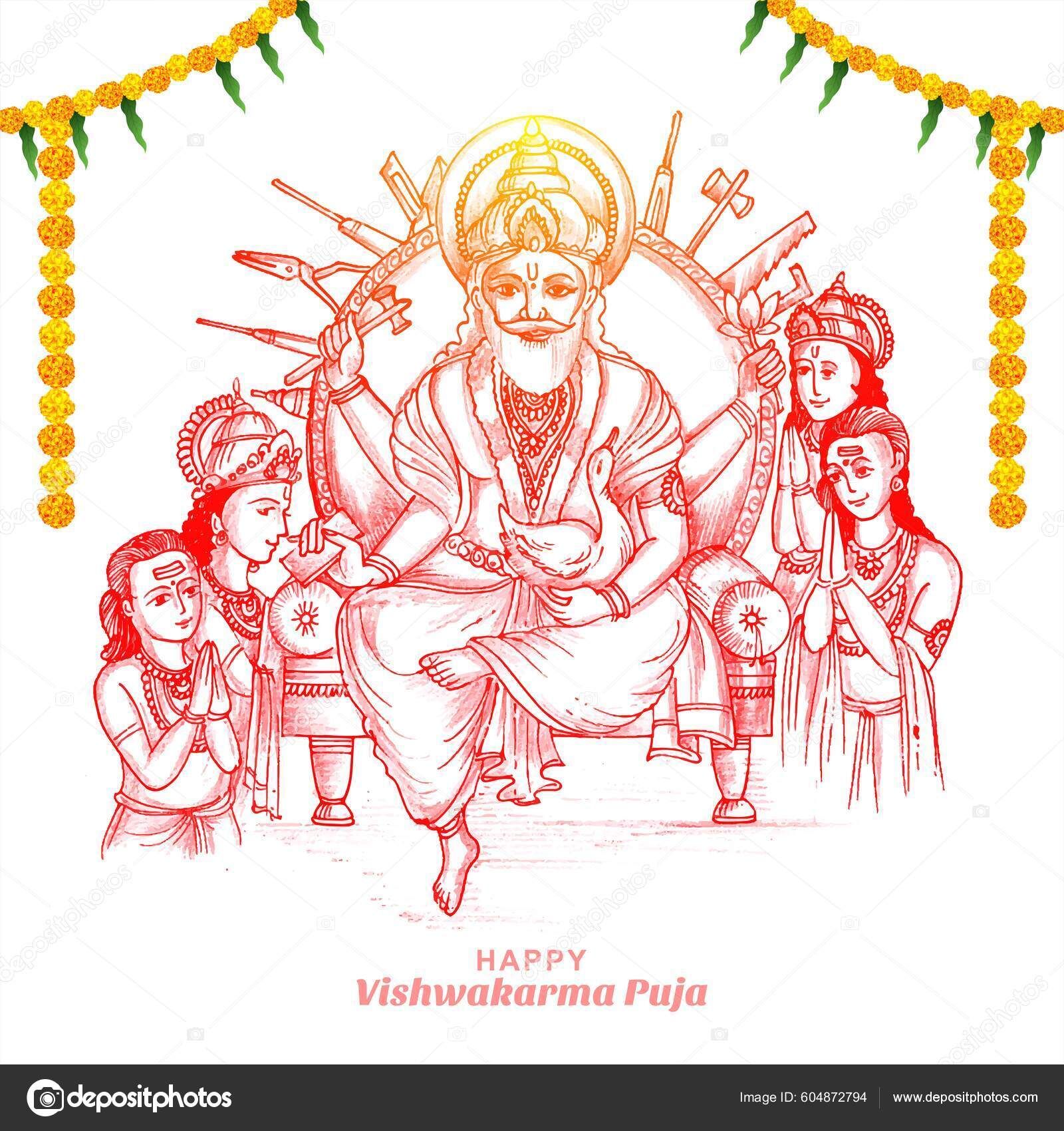 Hand Draw Happy Vishwakarma Puja Colorful Sketch Celebration Card ...