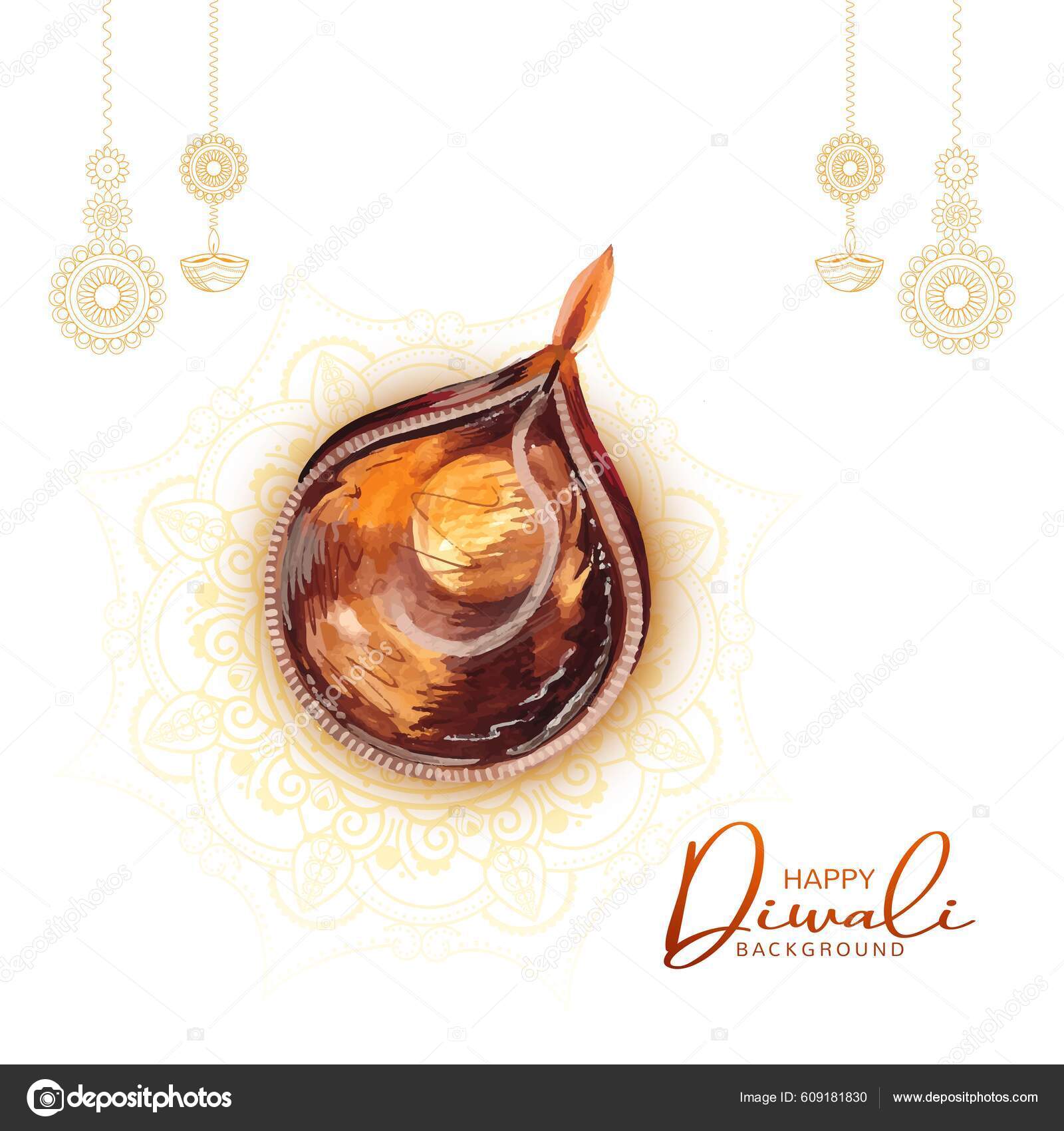 Beautiful Diwali Greeting Card Watercolor Diya Card Background Stock ...