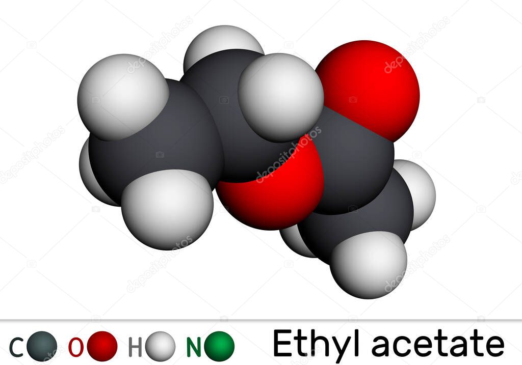 Acetato de etilo, etanoato de etilo, molécula de C4H8O2. Es éster del acetato formado entre ...