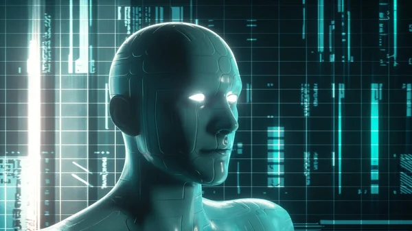 Futuristic robot in front of data screen . Meta verse and virtual reality concept . This is a 3d ...